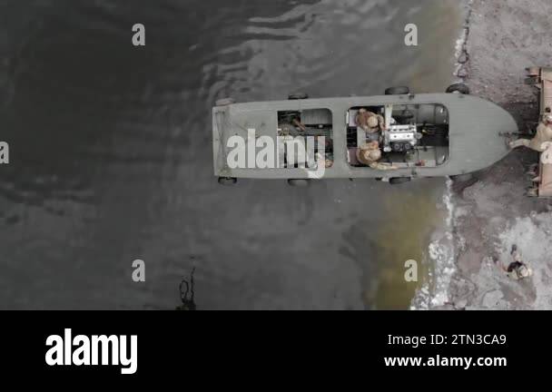 Pontoon bridge of the Ukrainian army. Installation of a temporary ...