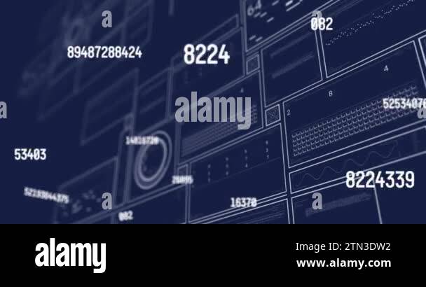 Animation of interface with data processing and multiple changing numbers against blue ...