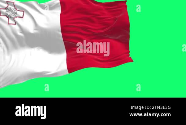 Malta national flag waving in the wind on a green screen. White and red with George Cross in ...