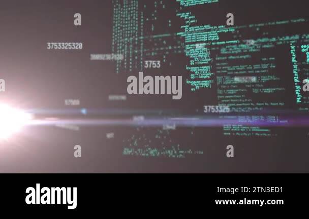 Animation of changing numbers and light spot over qr code scanner and data processing. Digital ...