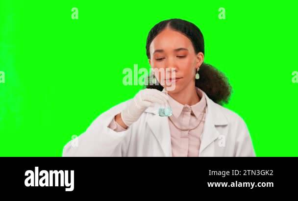 Science, scent and a woman smelling on a green screen background in ...