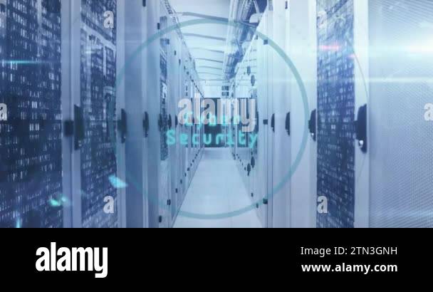 Animation of cyber security text banner and security padlock icon against computer server room ...