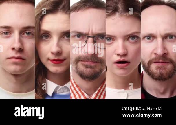 Video collage. Group of young people, man and woman with angry and ...