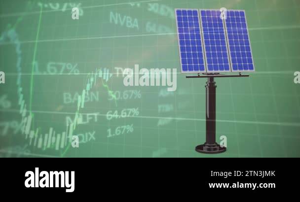 Animation of graphs and trading board over solar panel against abstract ...