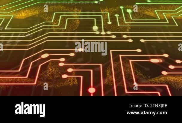 Animation of data moving through motherboard over flames on dark ...