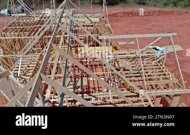 Wooden roof framework from trusses was constructed as part construction ...