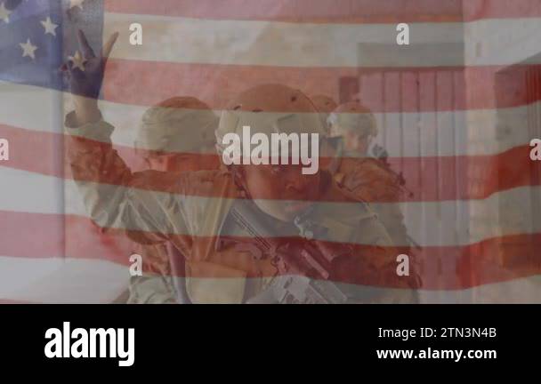 Animation of flag of america over diverse soldier with gun instructing ...