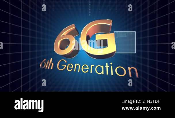 Animation of 6g text, binary data and data processing over grid. Communication, data and digital ...