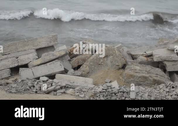 sea waves crash against the rock, The waves of the Caspian Sea are ...
