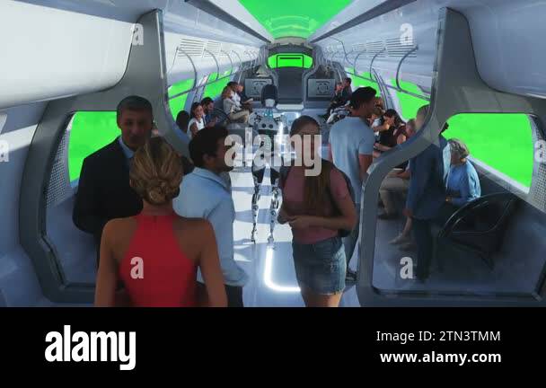 3d people and robots. Flying passenger train. Utopia. concept of the ...