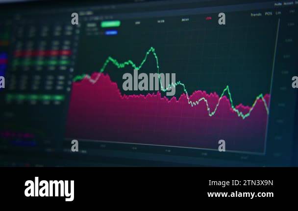Economic graphics of stocks or currency on display jumps up and down ...