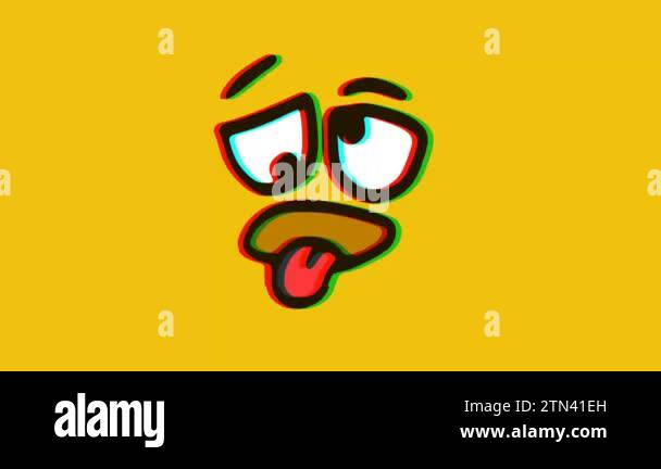 Sad Face shows tongue with glitch effect on yellow background, Cartoon ...