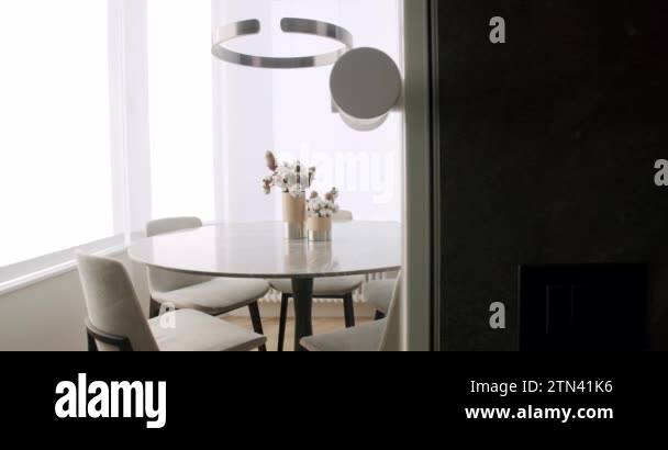 White Simple Modern Interior. Elegant table and chairs. Dinner ...