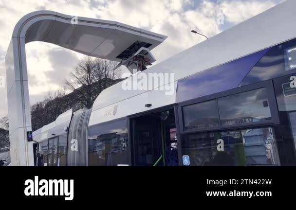Szczecin Poland April 2023. Bus is charging in power station. Modern ...
