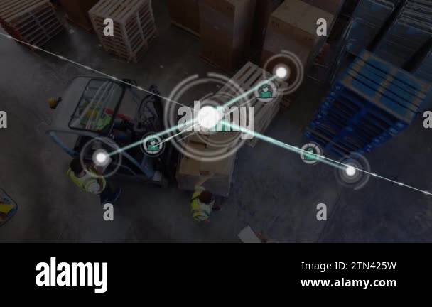 Animation of connected dots and profile icons, diverse workers with ...