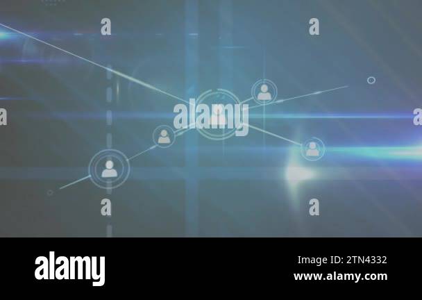 Animation of dots connected with lines over lens flares against blue ...