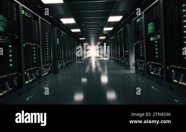 Working data center with rows of rack servers. Servers racks walkthrough in modern data center ...