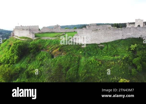 Ancient ruins of Kremenets Castle on a hill from a birds eye view ...