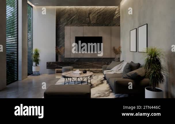 Modern living room 3D animation, contemporary interior design with ...