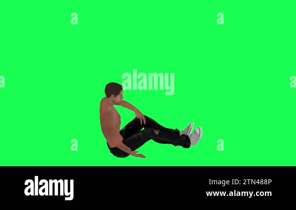 Slim half-naked green screen addict man getting up off the ground in ...