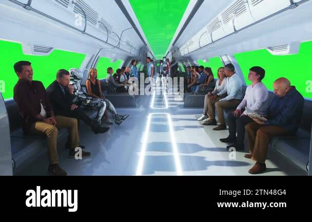 3d people and robots. Flying passenger train. Utopia. concept of the ...