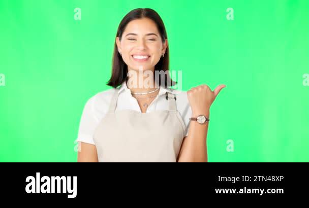 Woman, happy and portrait on green screen pointing finger at mockup ...