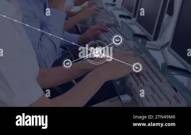 Animation of connected icons over diverse customer agents working on ...