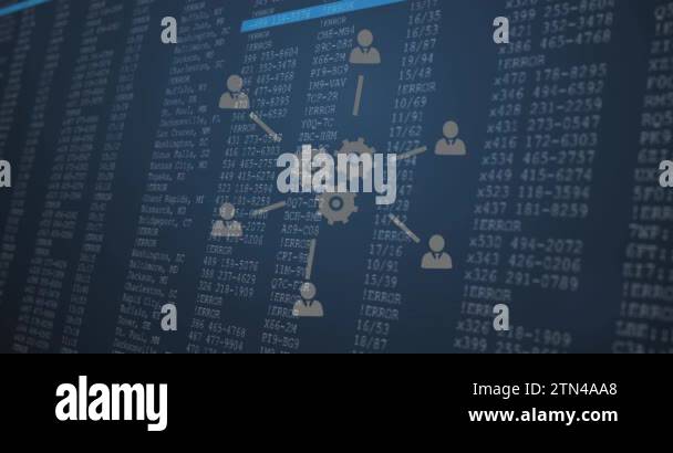 Animation of digital icons spinning over data processing against blue ...