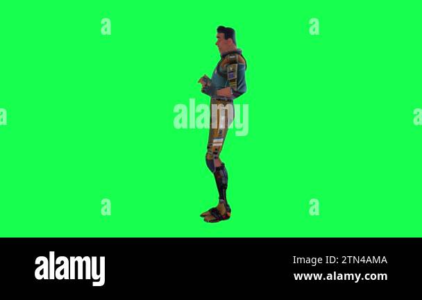 Animated man working with touch screen from right angle on green screen ...