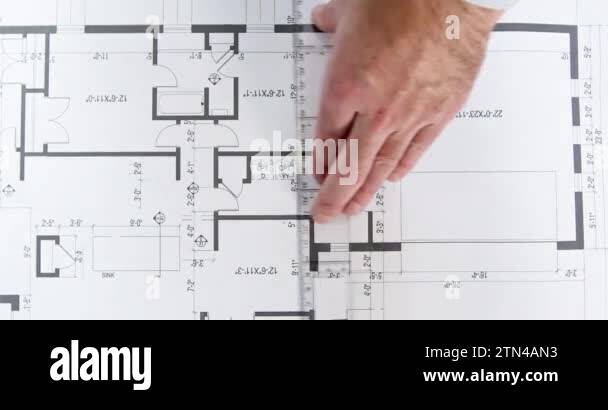 Man hands draw line on building project using pencil and ruler. Worker ...