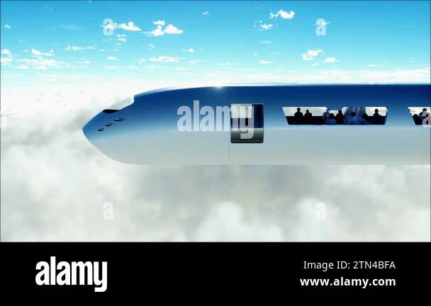 Flying passenger train in clouds. 3d peoples and robots. Utopia ...