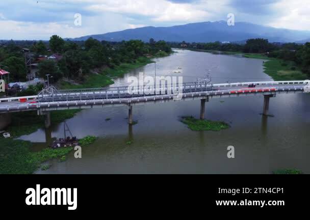 Repair of a concrete bridge across a river in the countryside. Repair ...