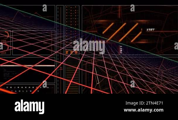 Animation of graph, loading circles, navigation pattern over grid pattern against black ...