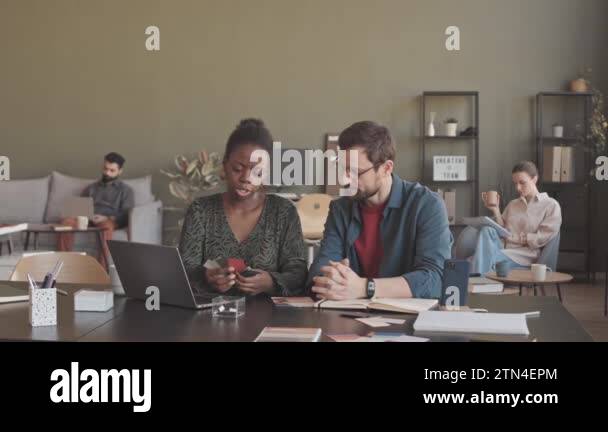 Medium slowmo of diverse couple of colleagues looking at swatch samples ...