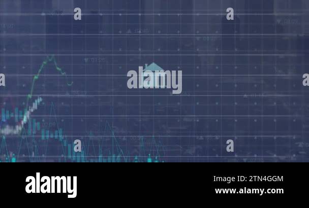 Animation of computer icons over graphs with changing numbers against ...