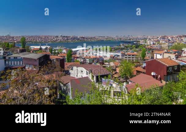 Panoramic top view with red roofs of houses and mosques behind Golden ...