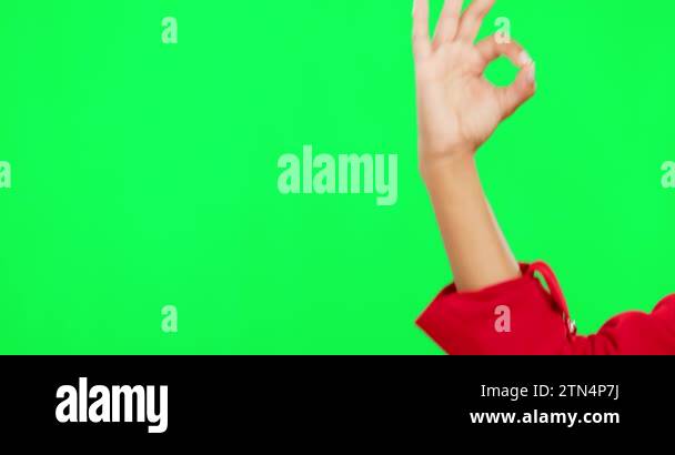 Ok sign, good and hand of a person on green screen for support, okay ...