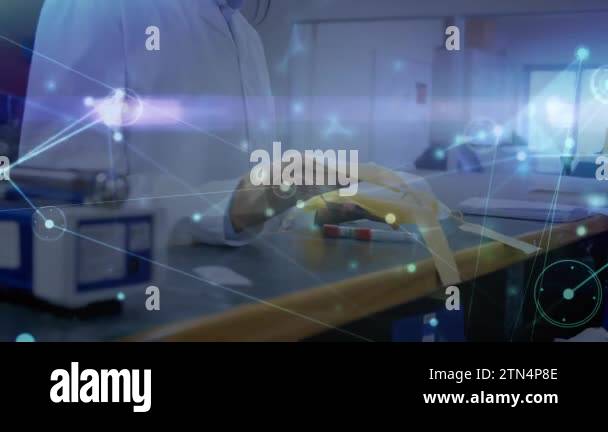 Animation of connected dots, graph icons, biracial female scientist reading reports in ...