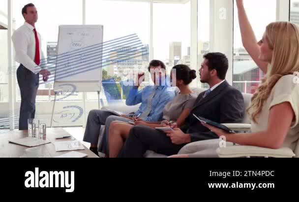 Animation of infographic interface, caucasian manager explaining ...