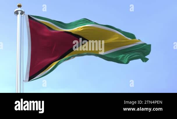 Guyana national flag waving in the wind. Northern mainland of South America country. Seamless 3d ...