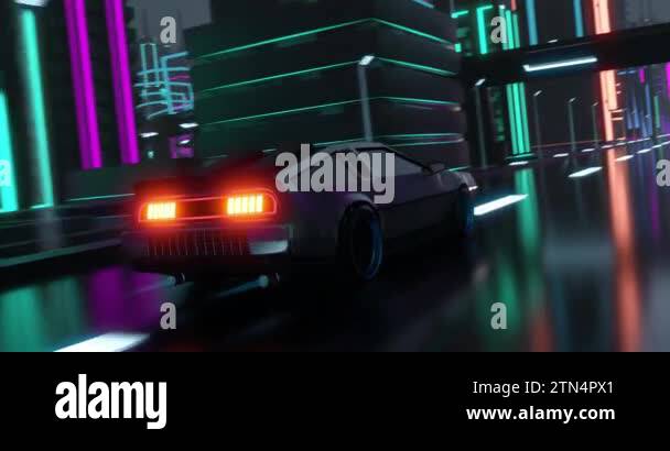 Animation of car driving in neon lit city at night background. Video ...