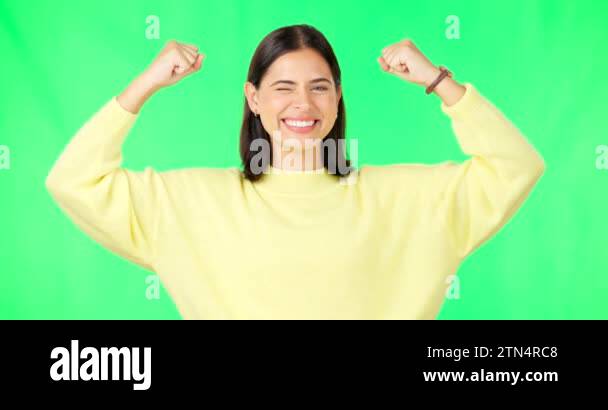 Strong, happy face and woman muscle with green screen and smile from ...