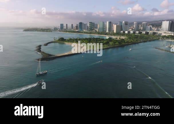 Honolulu cityscape, aerial view of Waikiki skyline. Ala Wai boat harbor ...