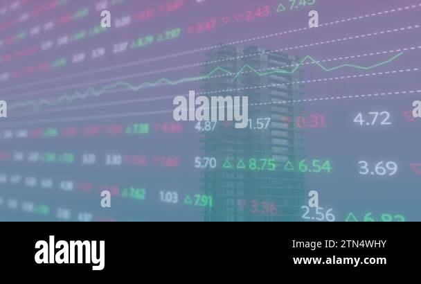 Animation of trading board over modern buildings against sky. Digital ...
