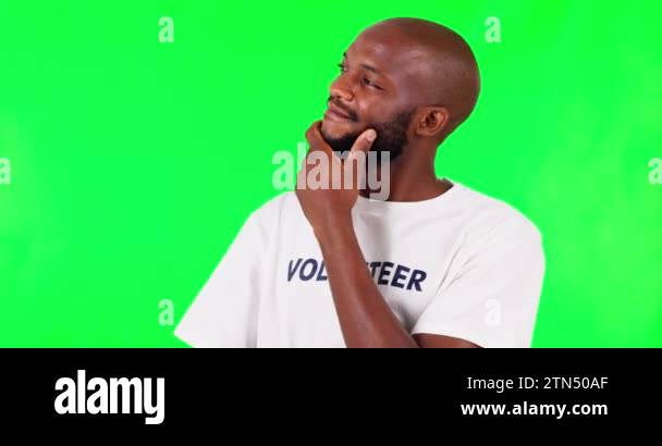 Face, volunteer and man thinking, green screen and opportunity against ...