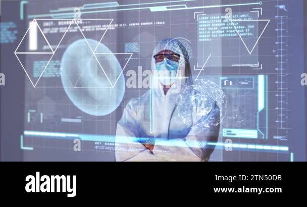 Animation of blood cell, computer language, globes, man standing ...