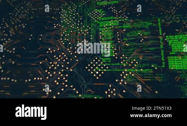 Animation of illuminated circuit board pattern over computer language ...