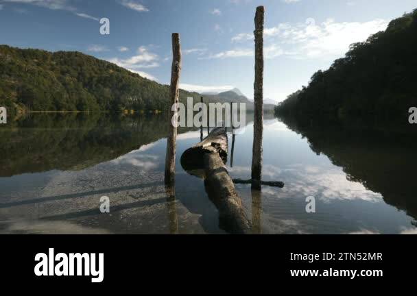 Magical natural scenery. View of a rustic dock made with tree trunks ...
