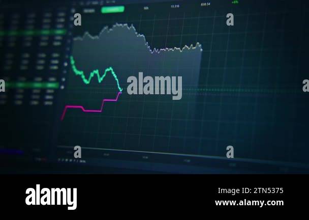 Economic graphics of stocks or currency on display jumps up and down ...