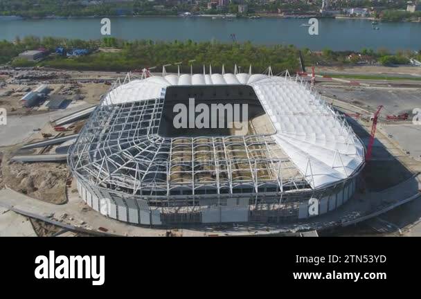 Aerial view on construction and reconstruction of football stadium ...